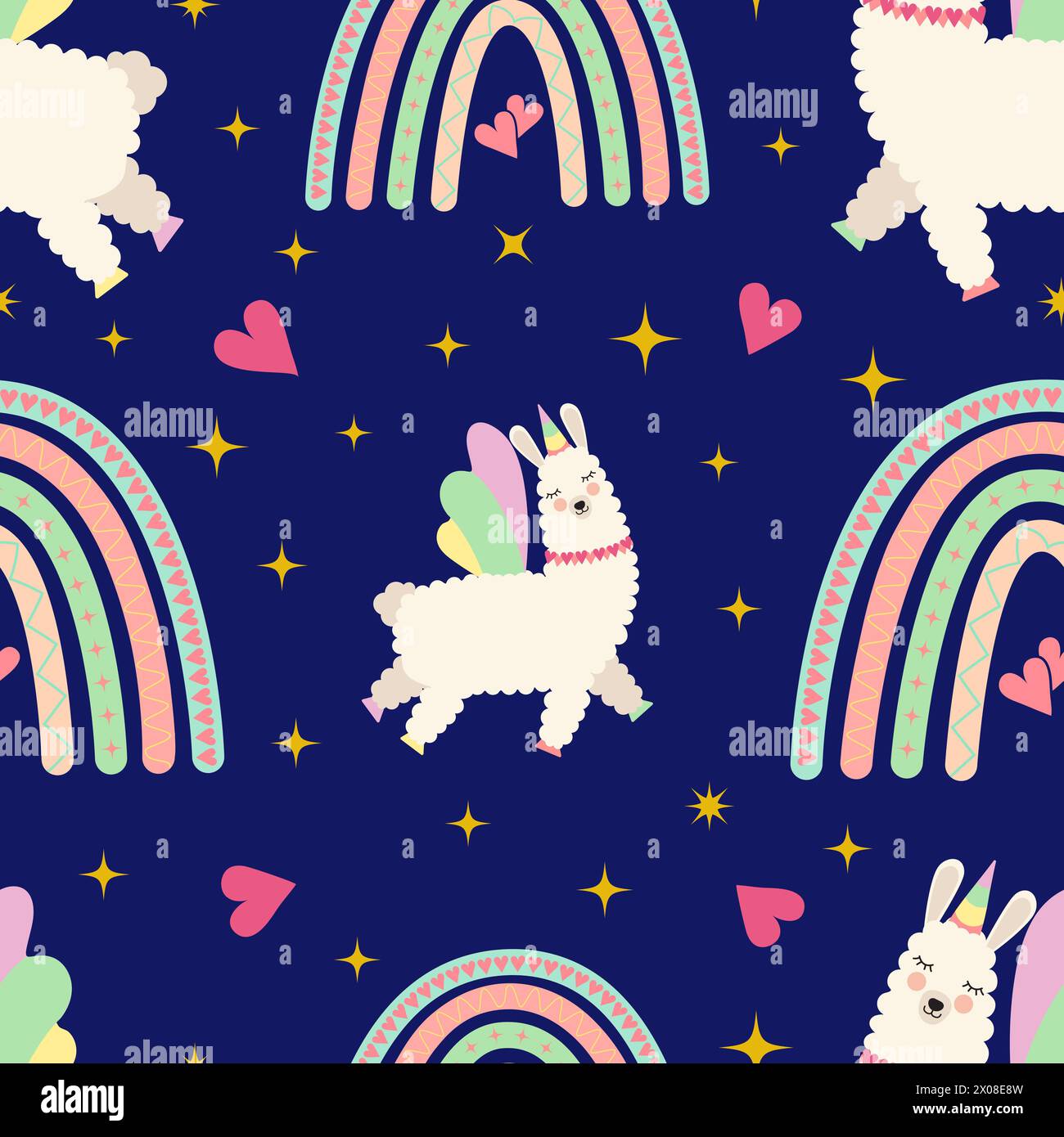 Cute alpaca unicorn vector seamless pattern. Llama with boho rainbow in ...