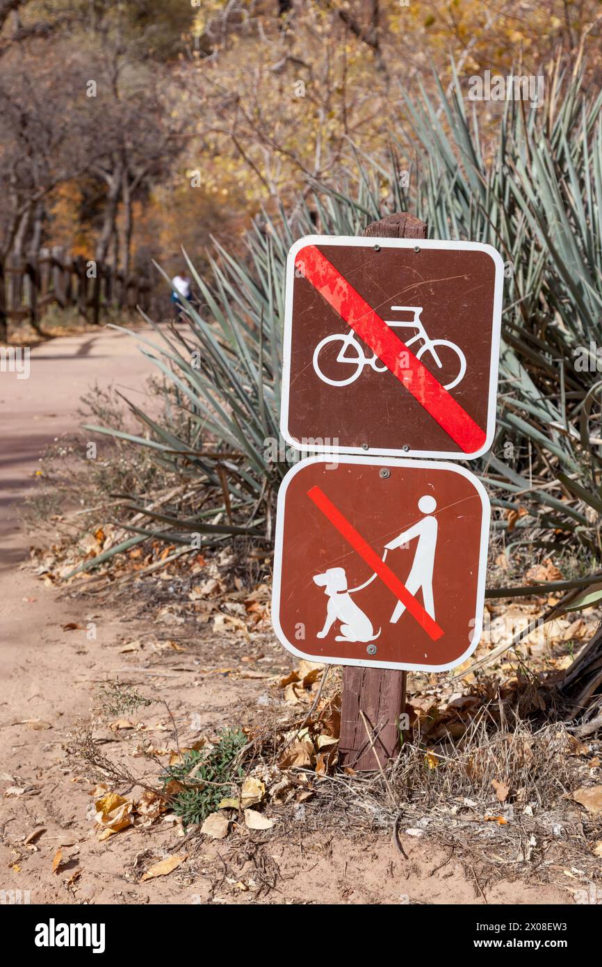 Signs showing no bikes and no pets at the trail leading up the Virgin ...