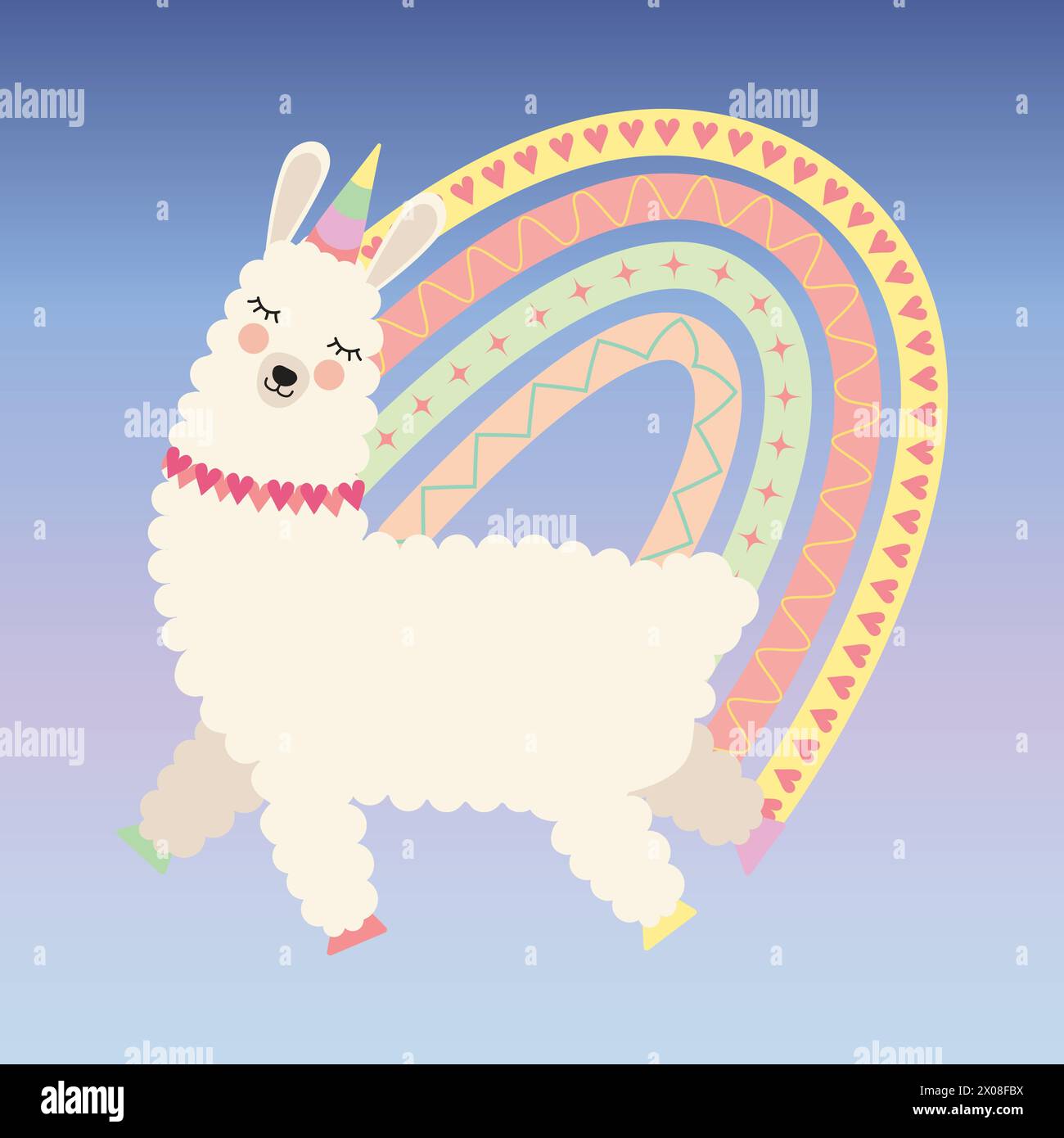 Cute alpaca unicorn with boho rainbow in the sky, vector illustration ...