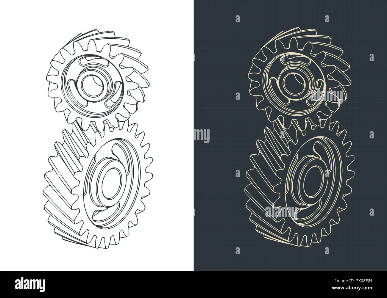 Stylized vector illustrations of isometric blueprints of screw gears ...