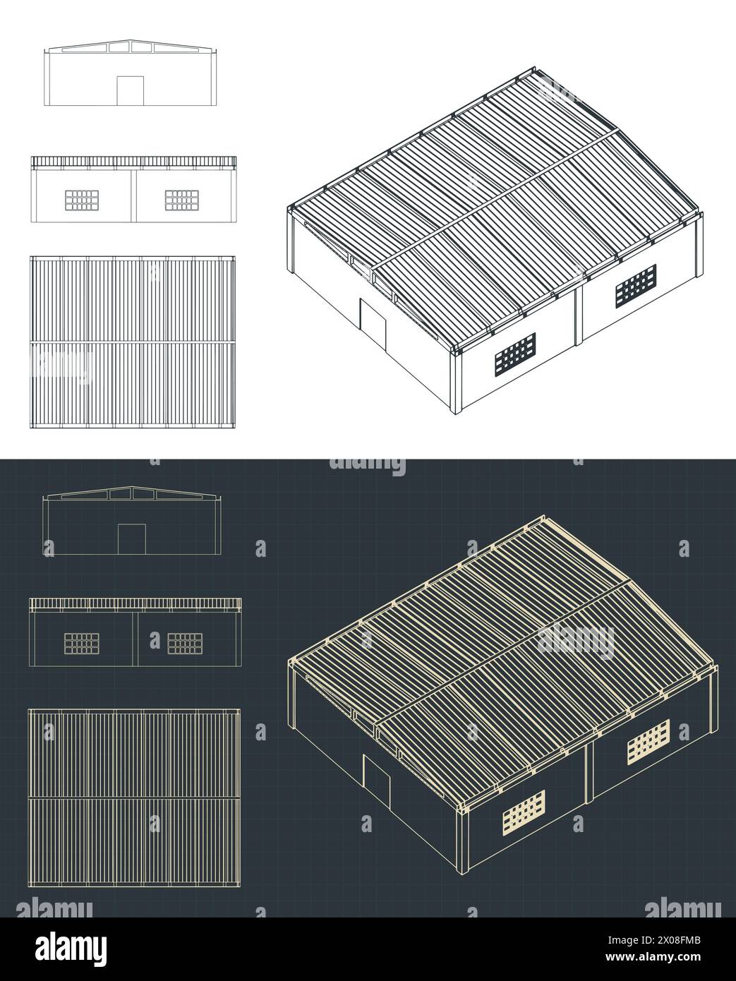 Stylized vector illustrations of blueprints of a factory hangar Stock ...