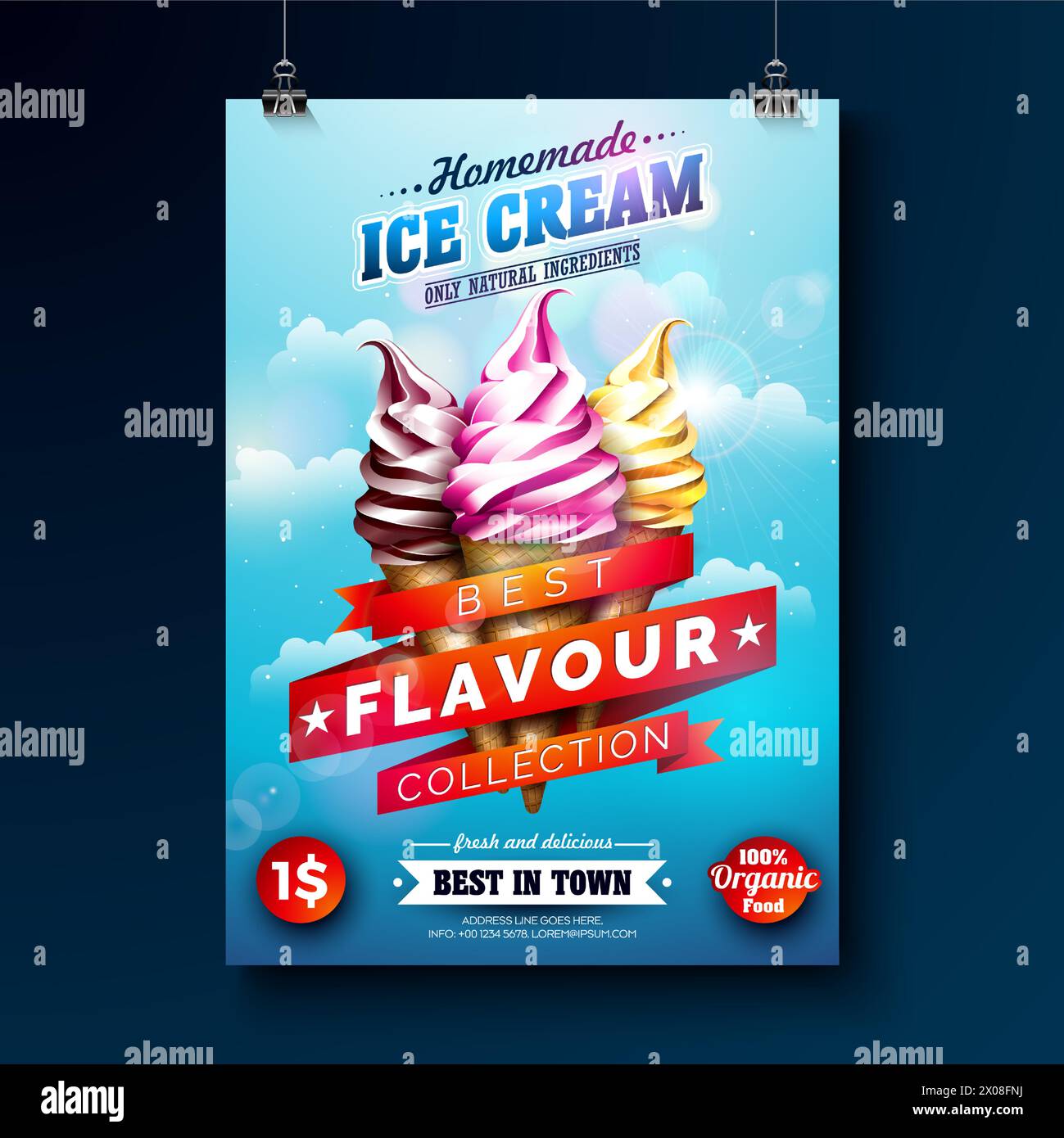 Delicious Ice Cream Flyer Design with Classic Taste Sundaes on Blue ...