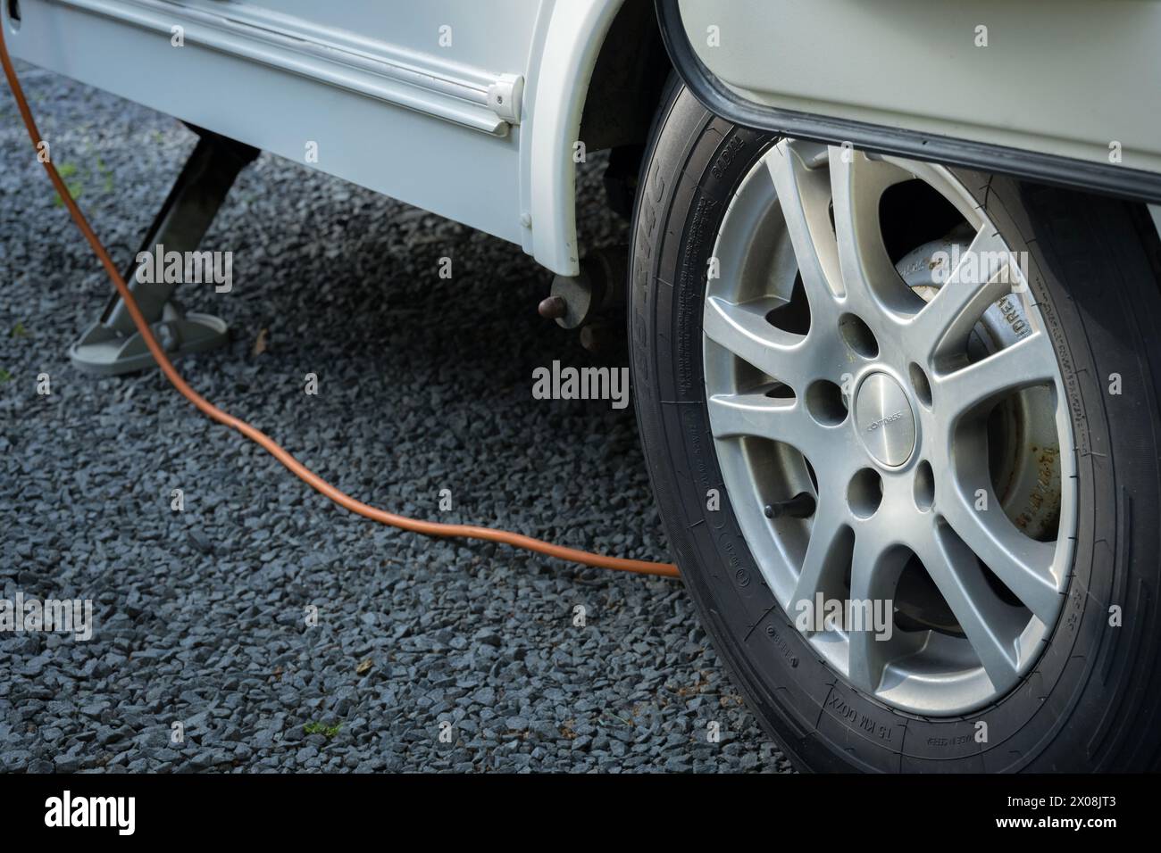 Caravan electric hook up at pitch site Stock Photo - Alamy