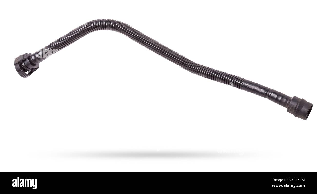 Black rubber hose of the car engine cooling system on a white isolated ...
