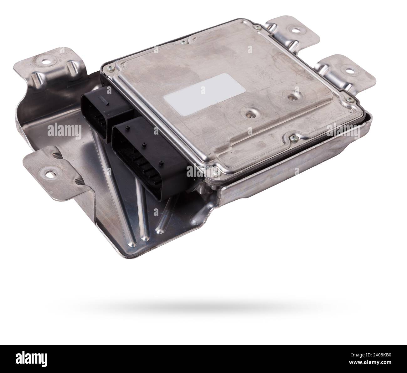 Plastic car engine control unit with metal elements on a white isolated ...