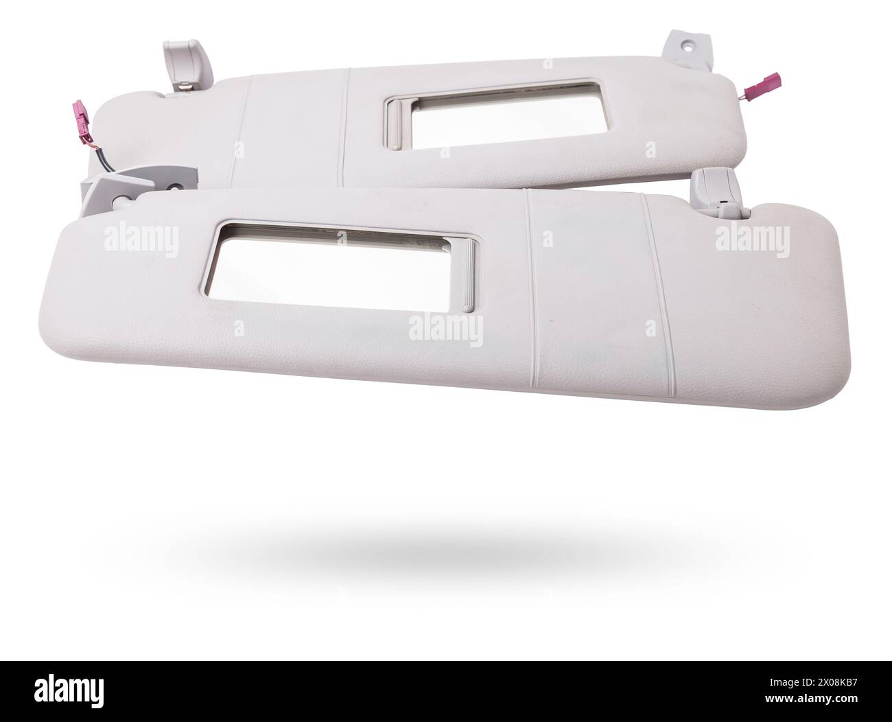 Sun visor with a mirror made of light gray plastic on a white ...