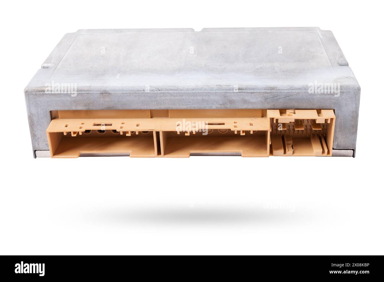 Plastic car engine control unit with metal elements on a white isolated ...