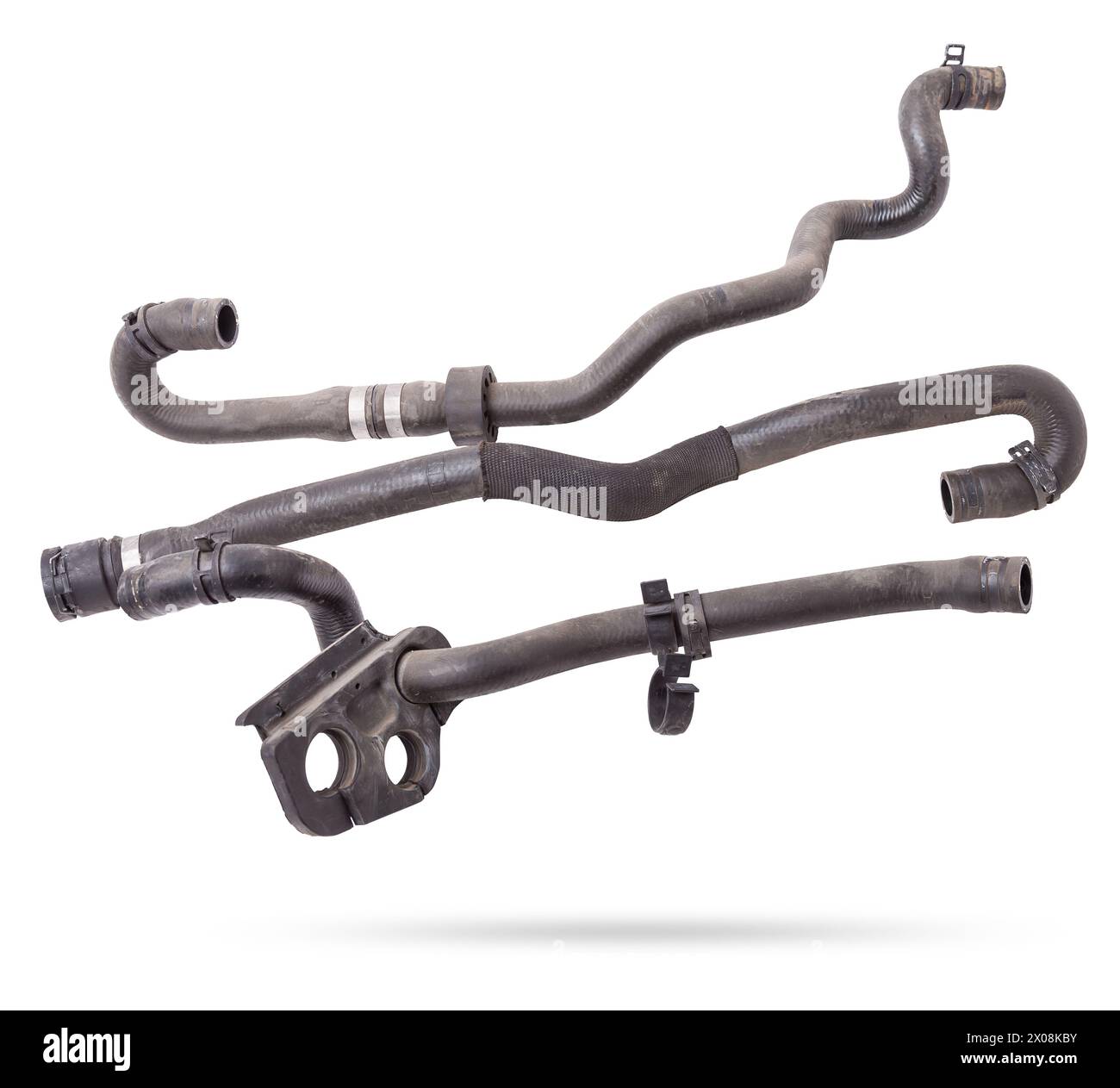 Black rubber hose of the car engine cooling system on a white isolated ...