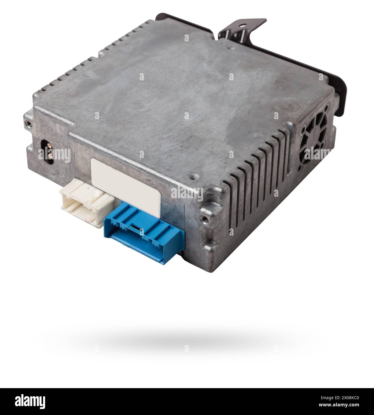 Plastic car engine control unit with metal elements on a white isolated ...