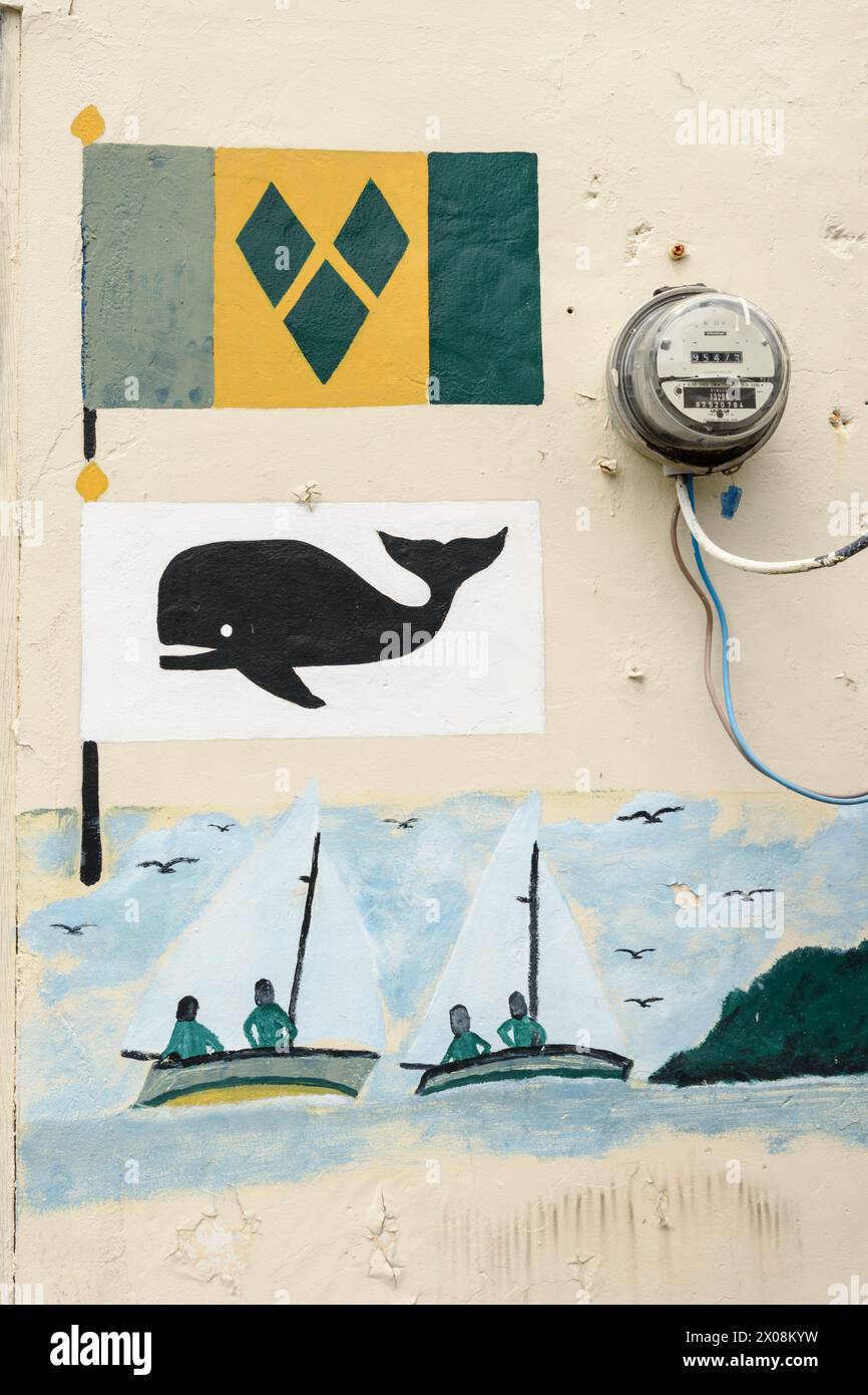 Street art depicting a whale, fishermen, whalers and the national flag ...