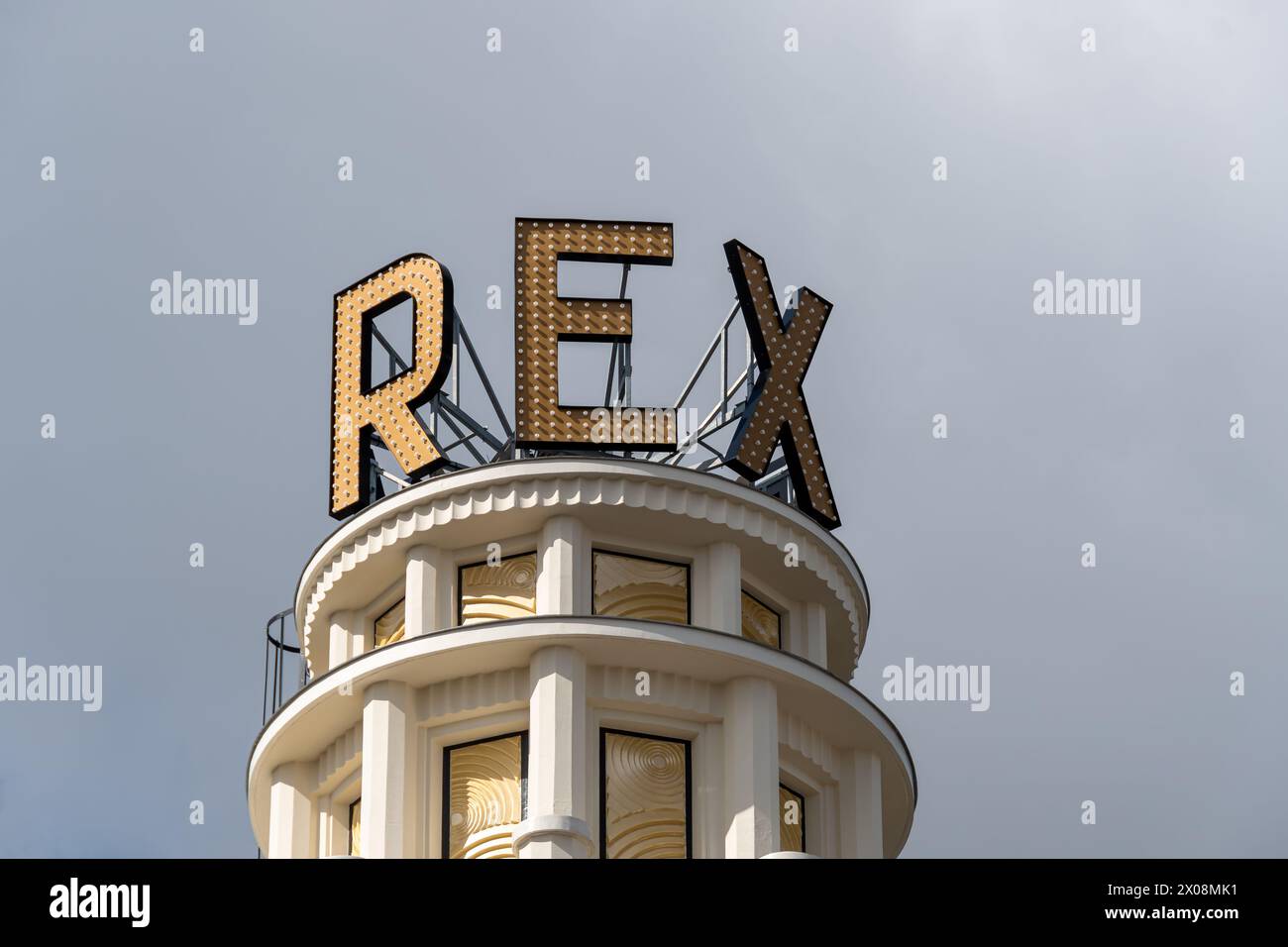 Close-up of the Grand Rex sign. The Grand Rex is a Parisian cinema and ...