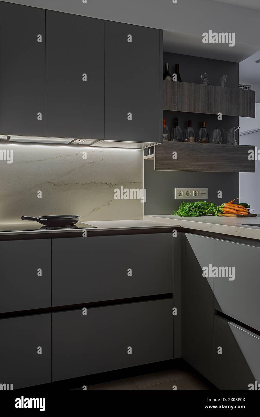 Contemporary kitchen showcase featuring sleek dark cabinets, under ...