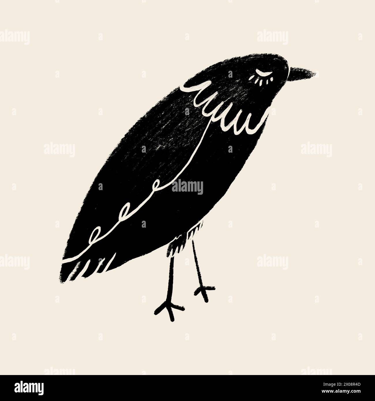 A stylized, hand-drawn image of a crow in black and white, showcasing a ...