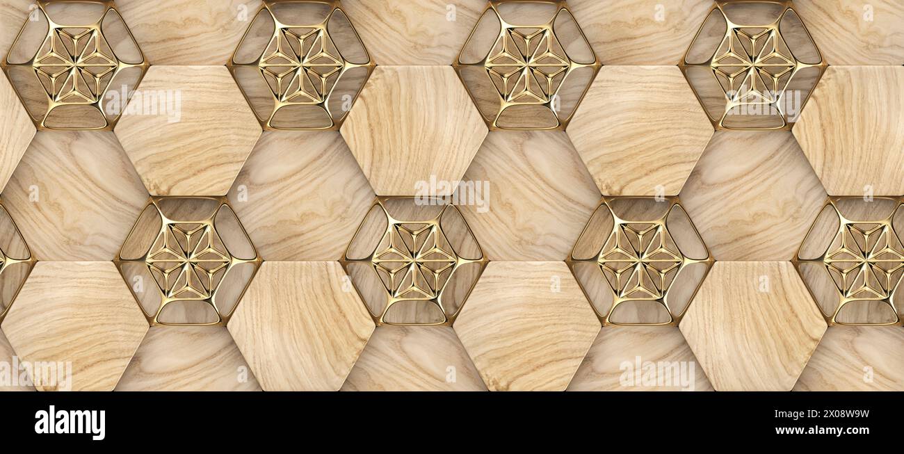 3D hexagon made of wood with gold decor Material wood oak, High quality ...
