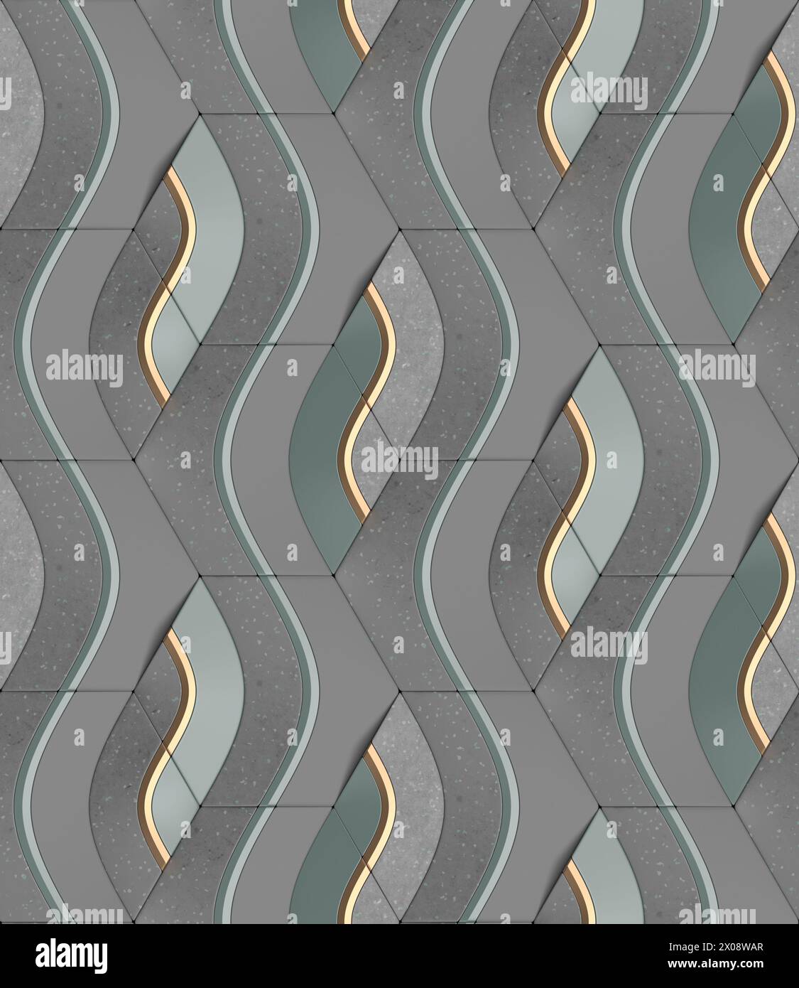 Geometric seamless 3D pattern in gray, green and gold elements Waves ...