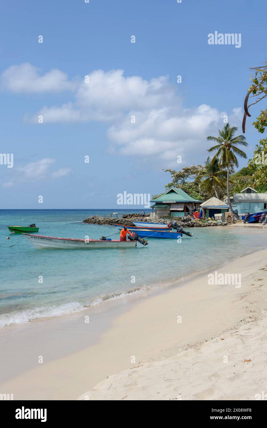 Fishing boats moored in Britannia Bay, Lovell Village, Mustique Island ...
