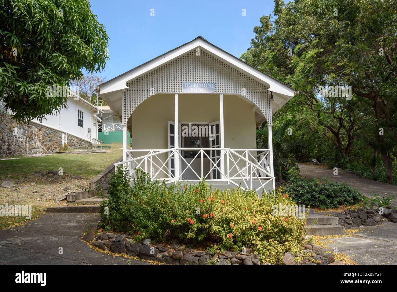 Ornate telephone booth in Lovell Village, Mustique Island, St Vincent ...