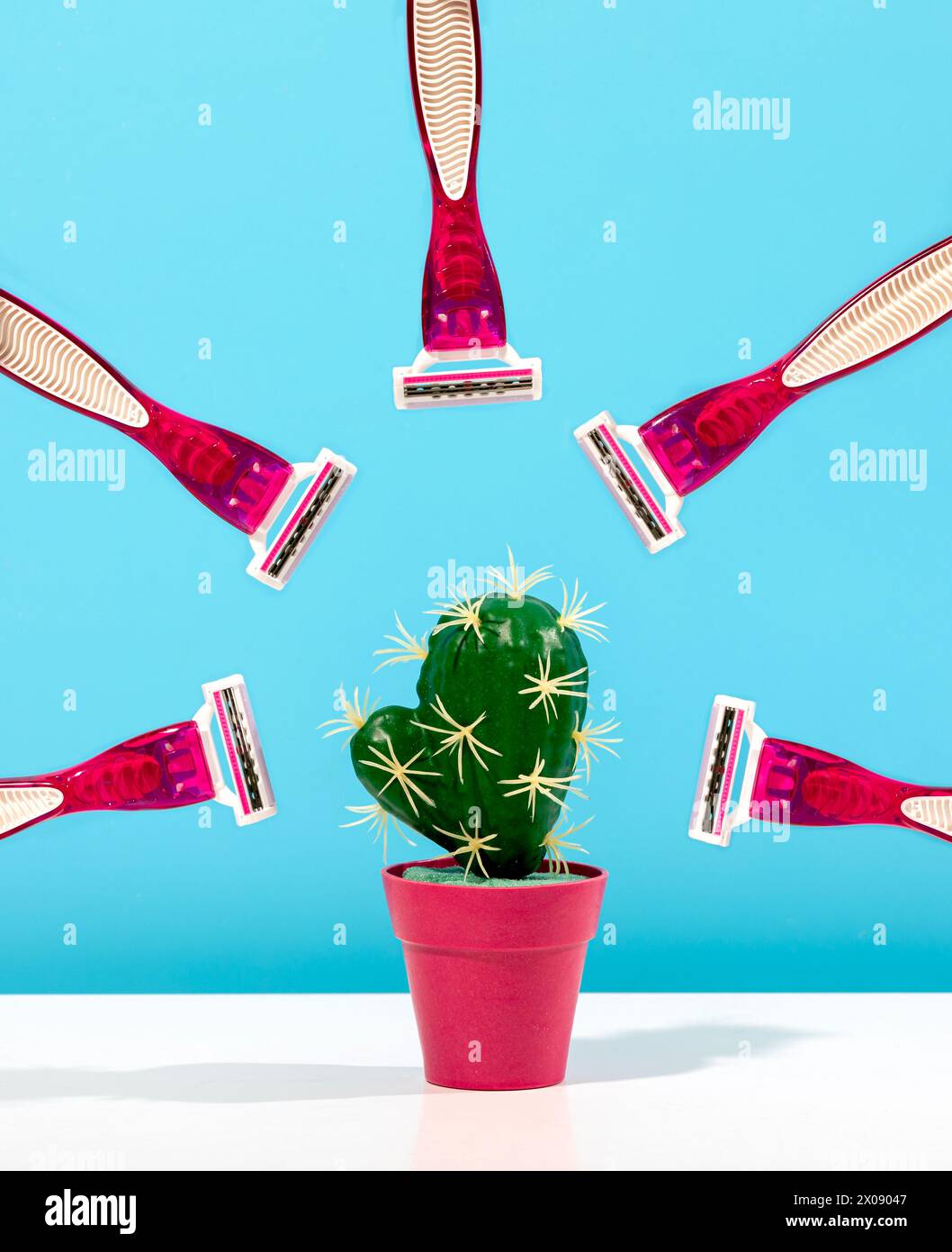 A quirky composition featuring a green cactus in a red pot with ...
