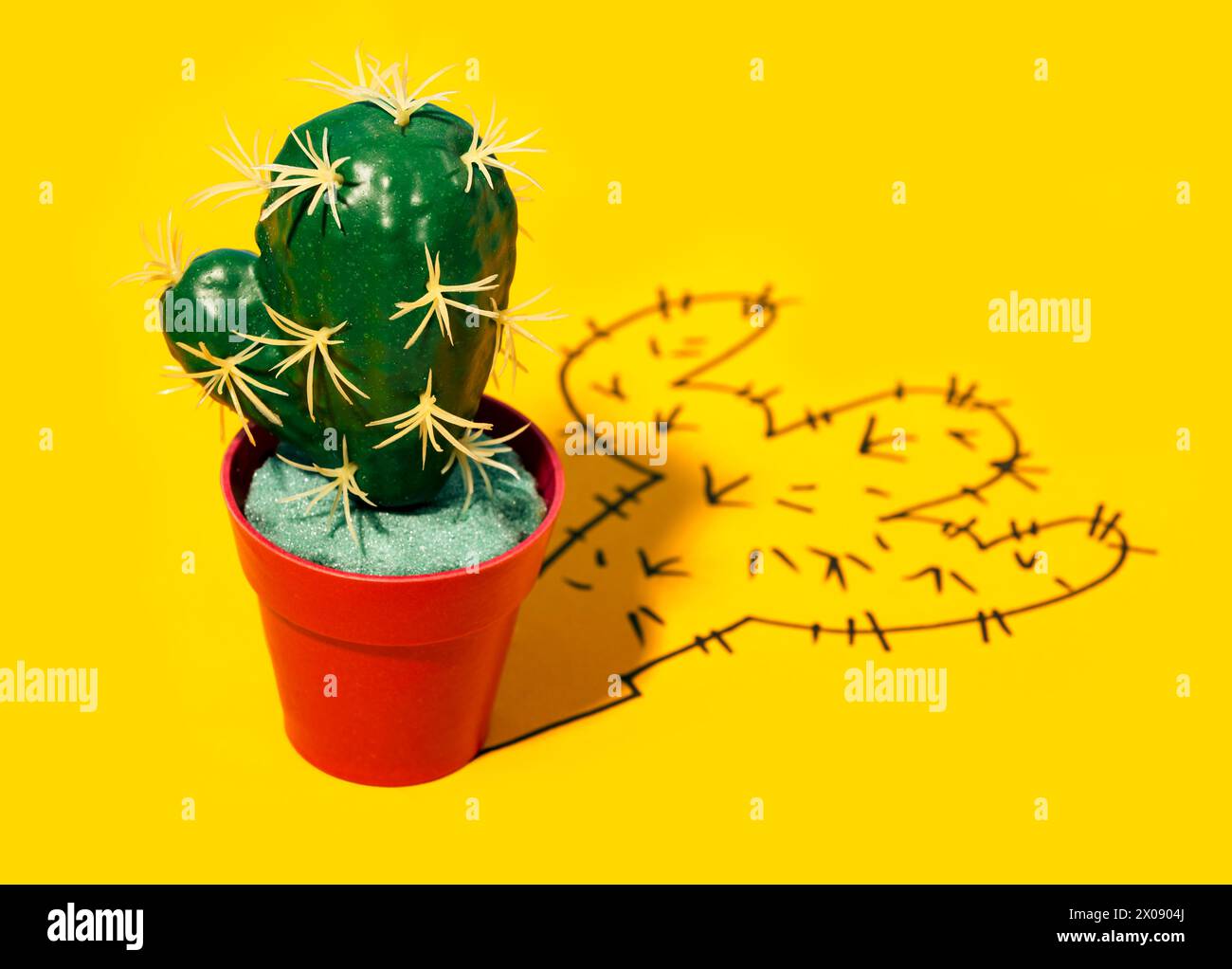 A green cactus in a red pot casts a playful shadow with the shape of ...