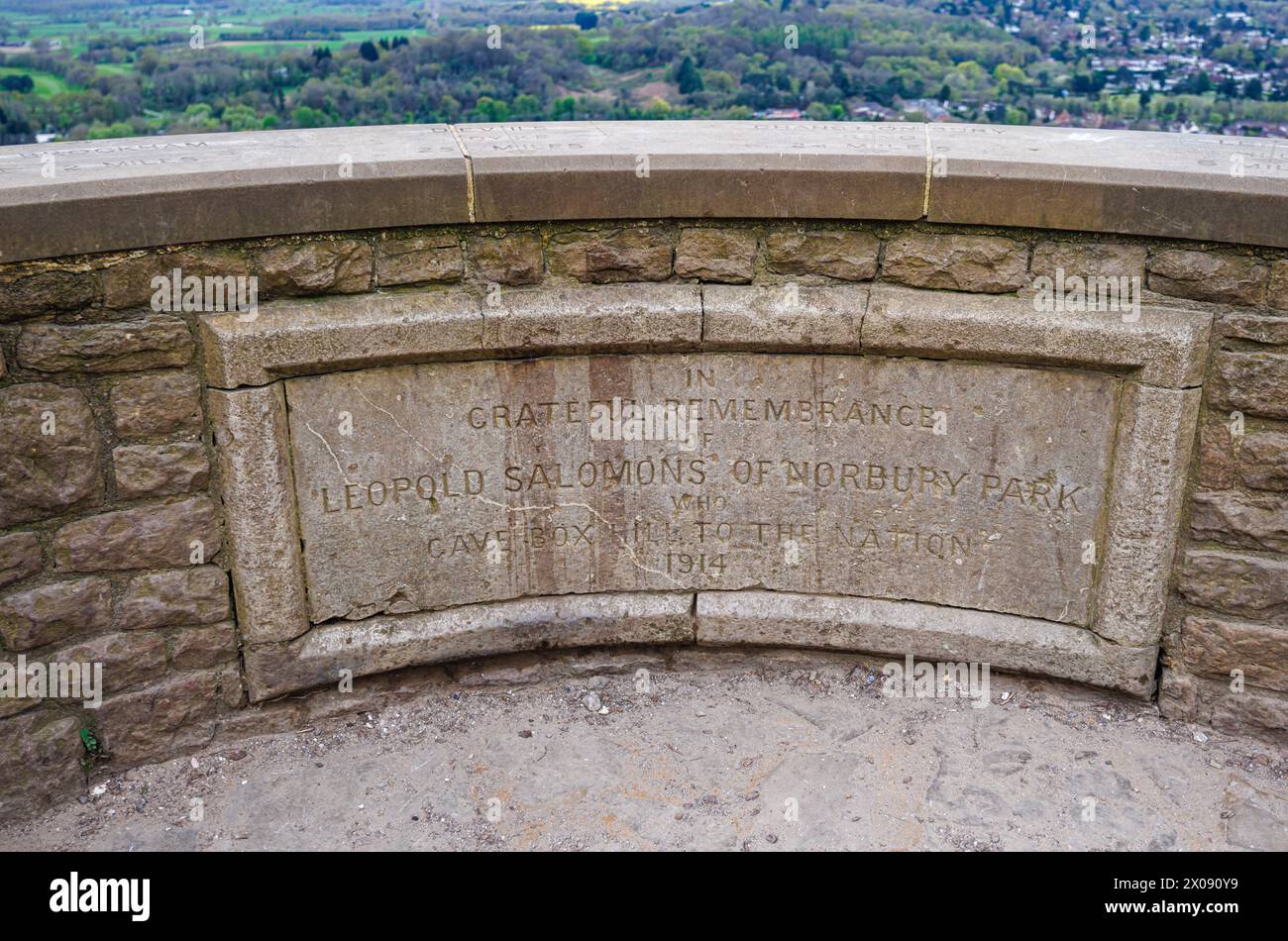 Plaque on the Salomons Memorial at the top of Box Hill near Dorking ...