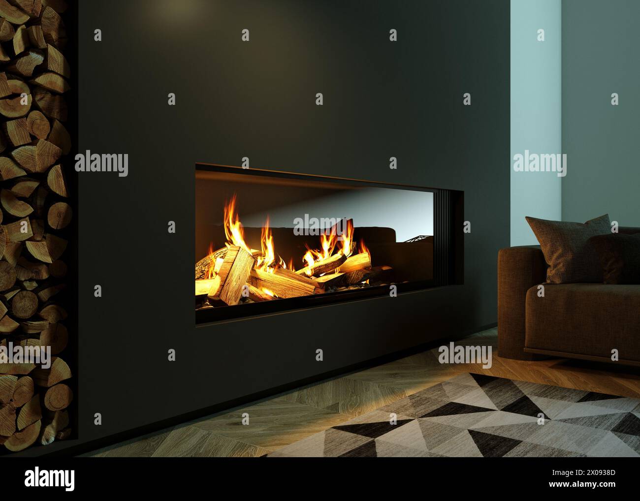 Modern glass corner fireplace in the interior Stock Photo - Alamy