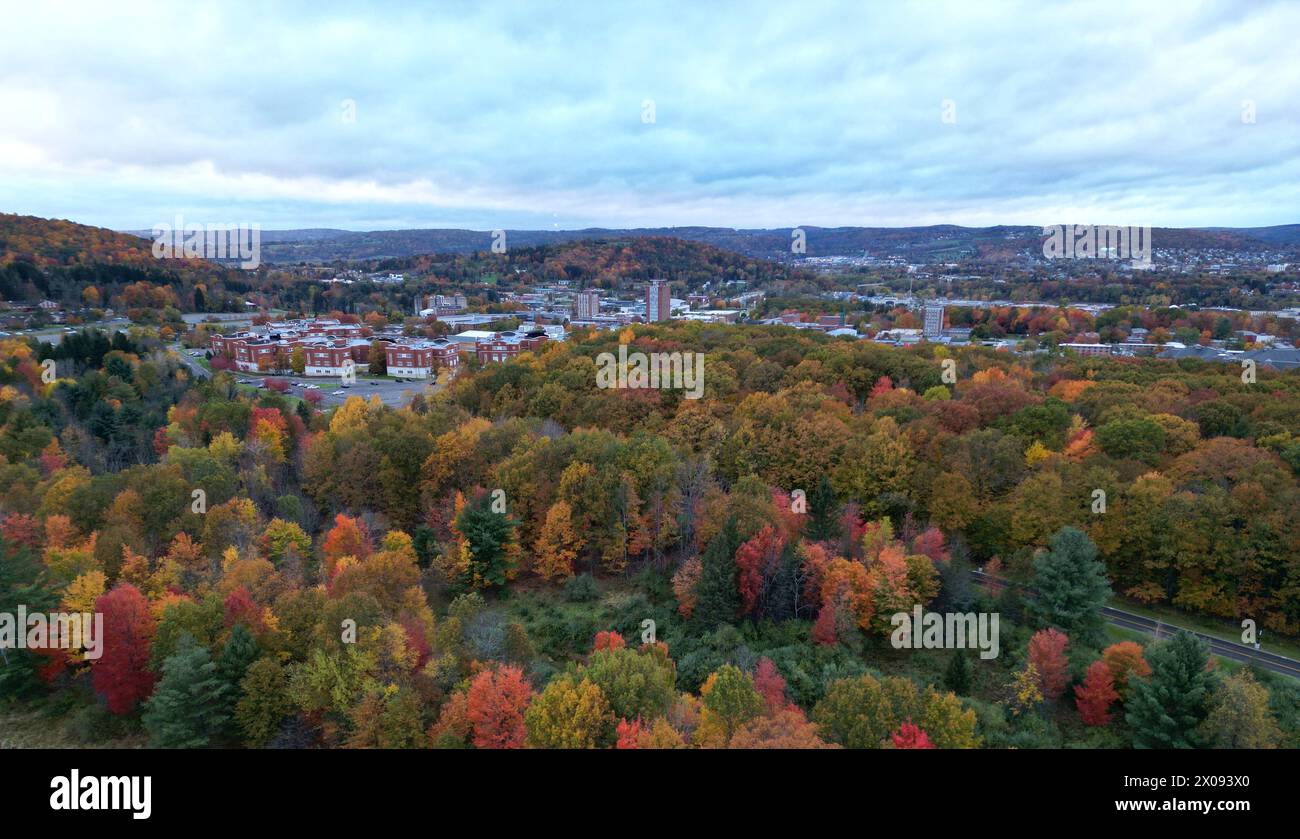 arial view of binghamton university in vestal, new york during autumn ...