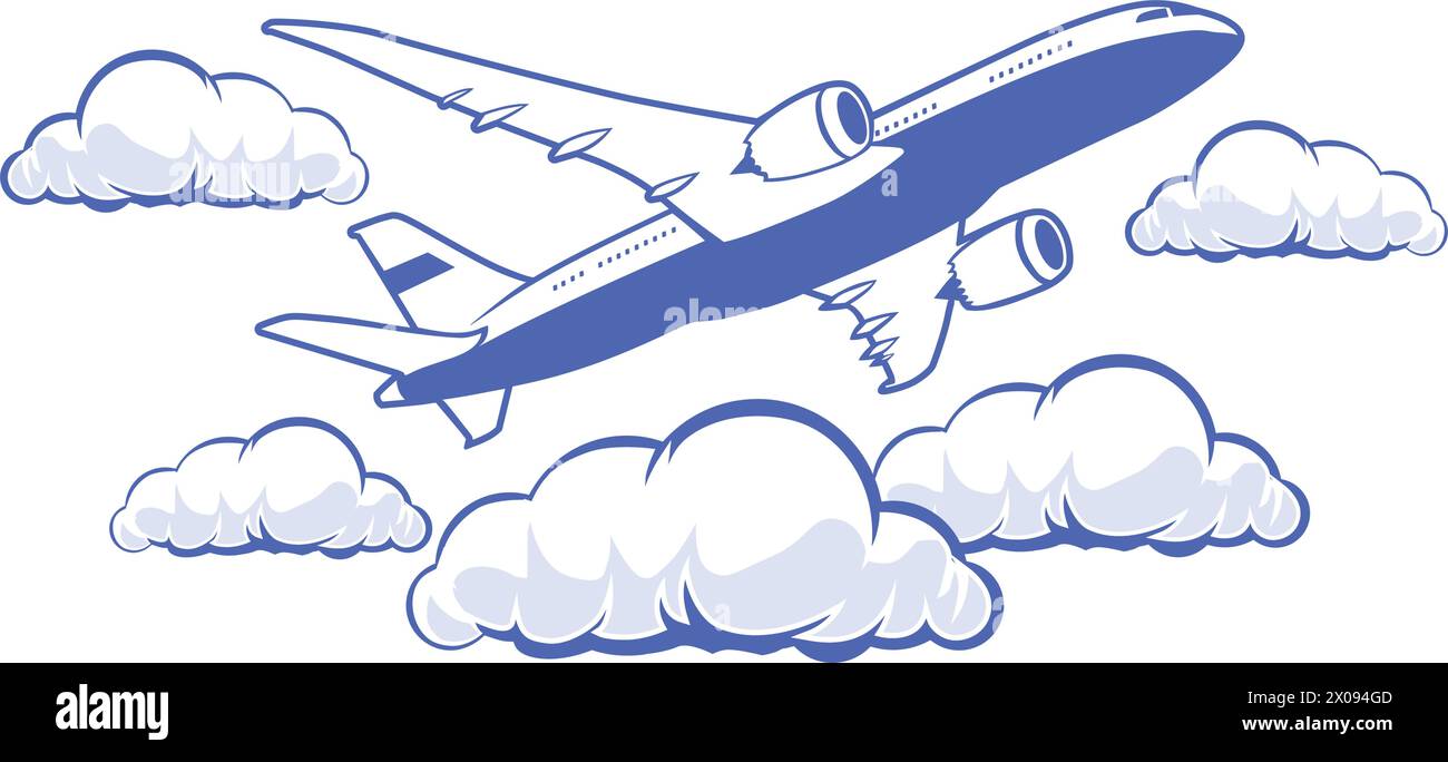 Plane above clouds. Silhouette airliner flying in sky. Vector icon on ...