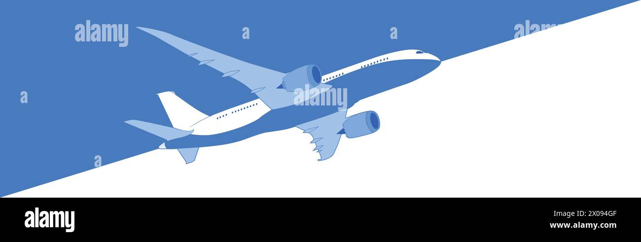 Plane flies upward, dividing sky into blue and white. Vector template ...