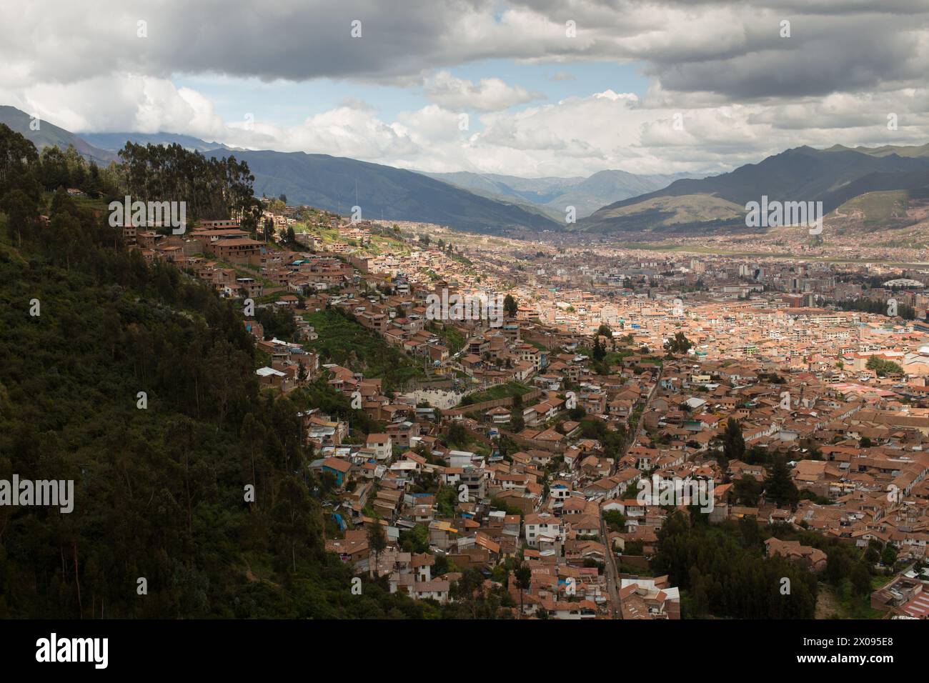 View of the historic city streets and clay houses of cusco city in ...
