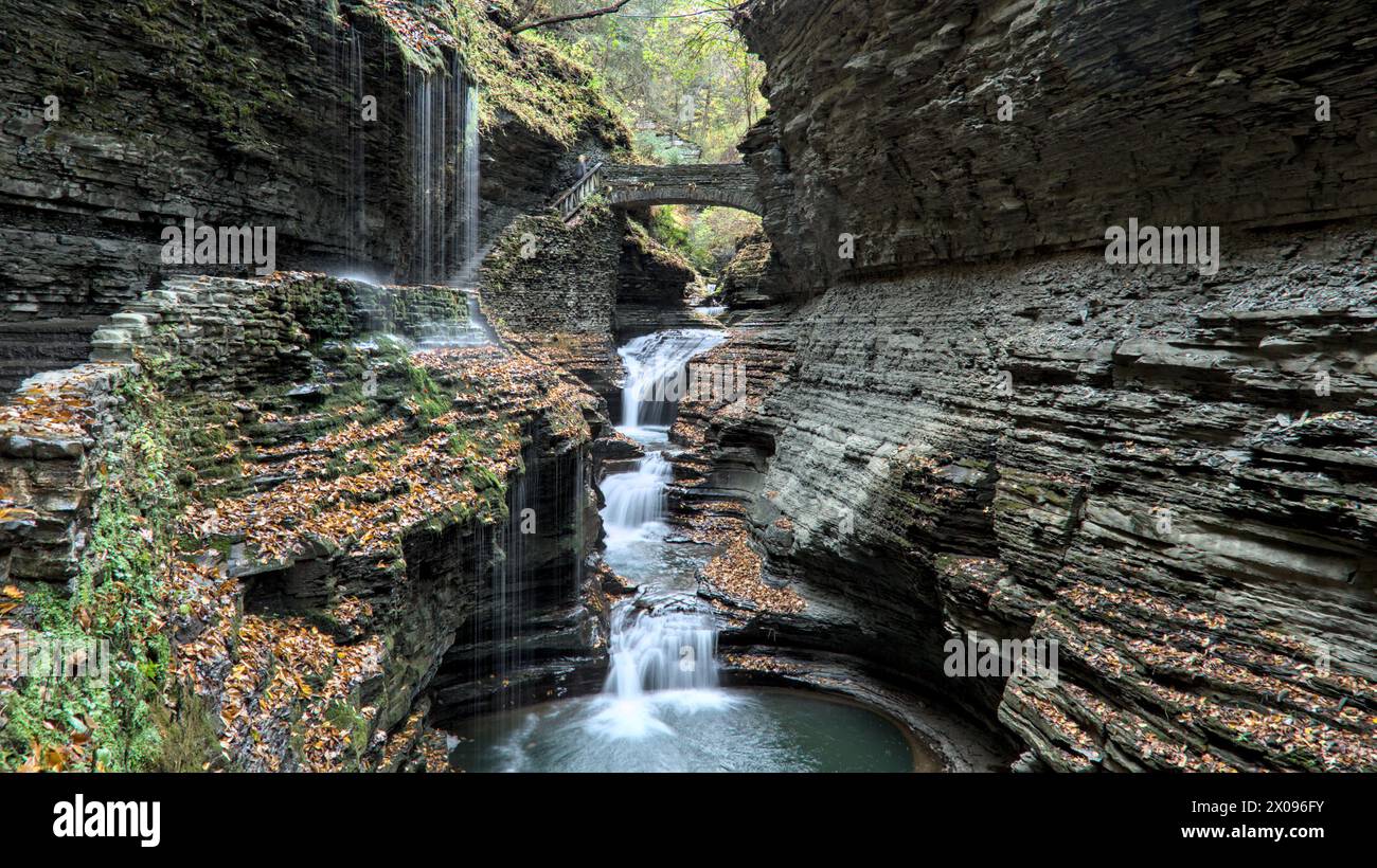 rainbow falls at watkins glen state park (waterfall in a gorge with ...