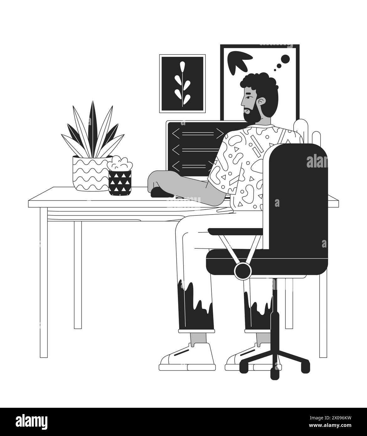 African american man at computer black and white 2D line cartoon character Stock Vector Image ...
