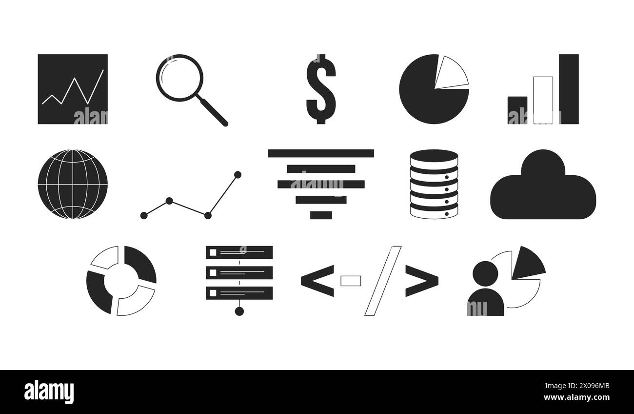 Analytics database management black and white 2D line cartoon objects ...