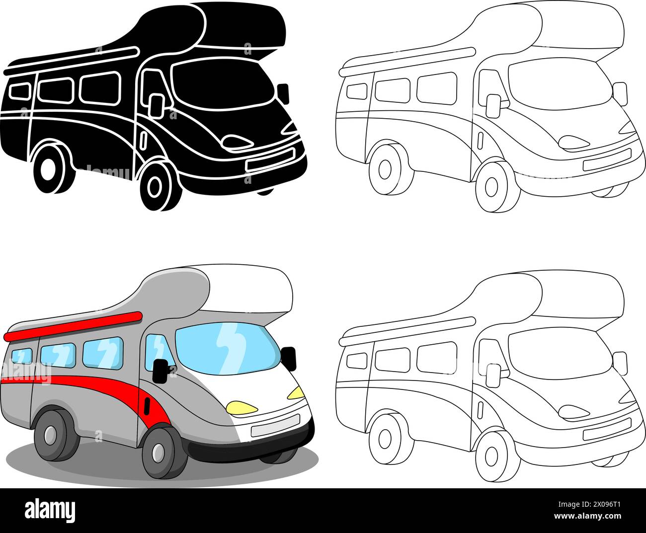 Motor home or campervan, silhouette knockout, black and white, cartoon ...