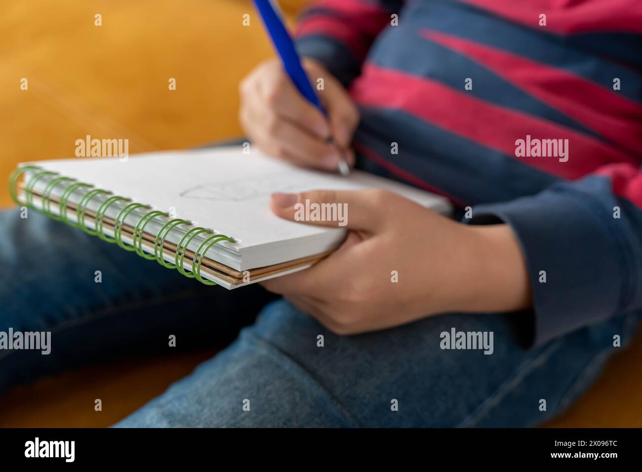 boy draws a sketch in a sketchbook. atmosphere of peace and tranquility ...