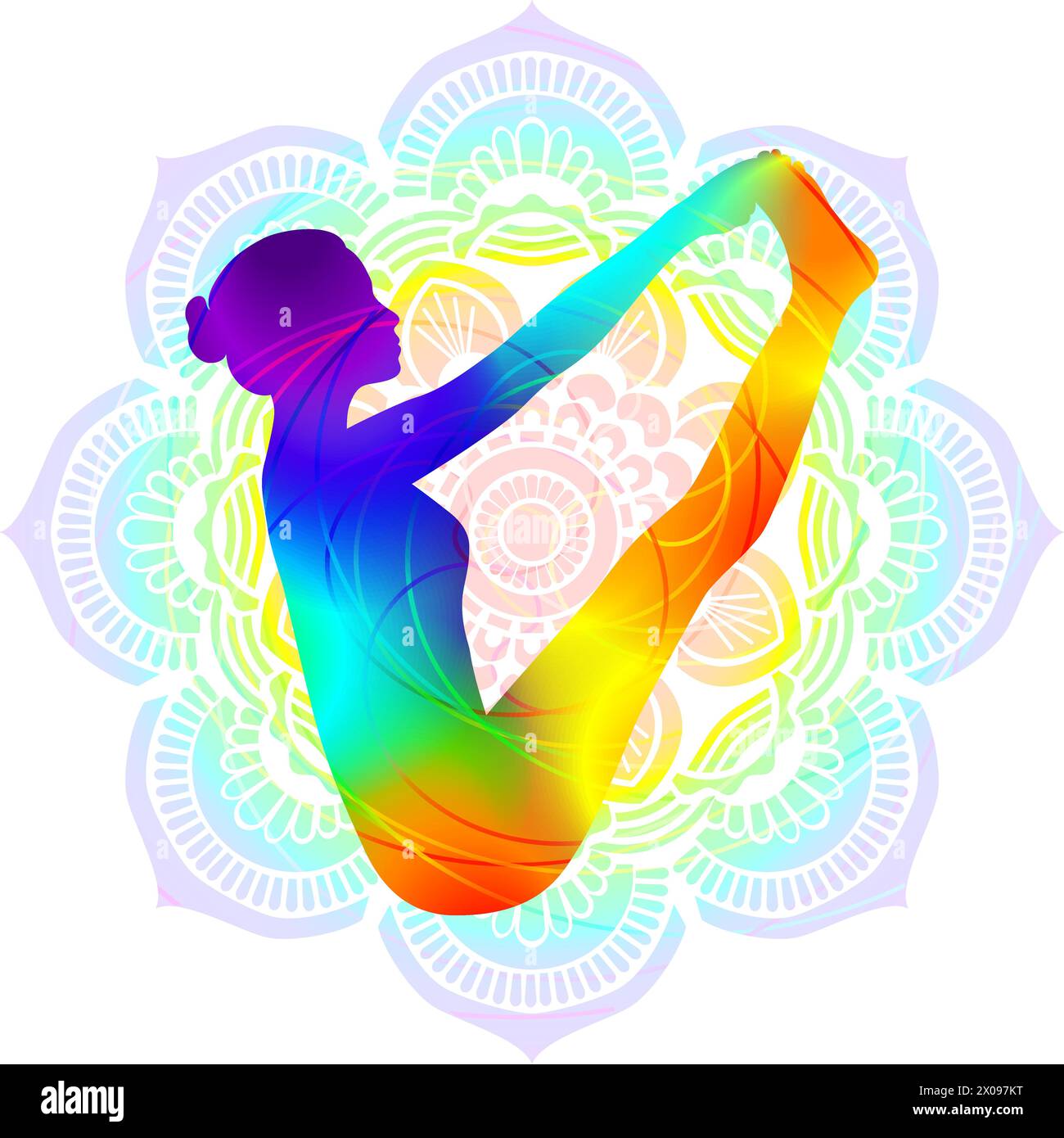 Colorful silhouette of woman practicing Ubhaya Padangushthasana pose ...