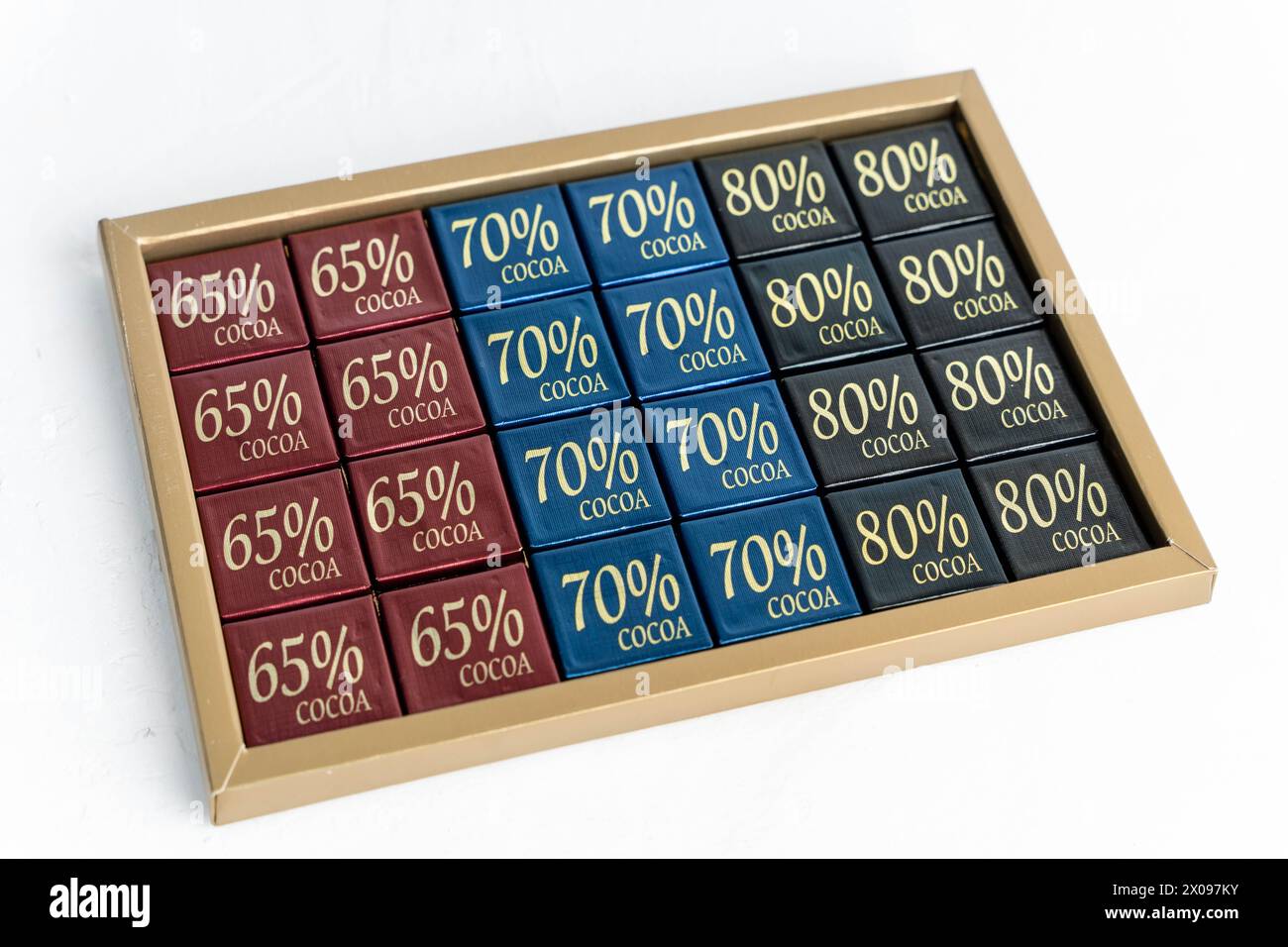 box of chocolate bars, featuring 65, 70, and 80 percent cocoa content ...