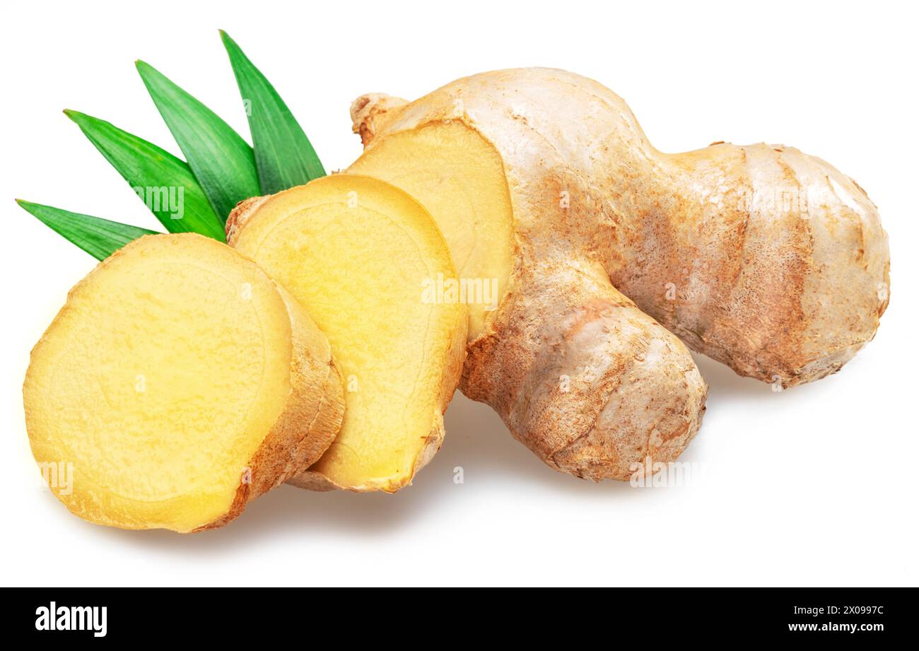 Fresh ginger root and ginger slices with leaves isolated on white ...