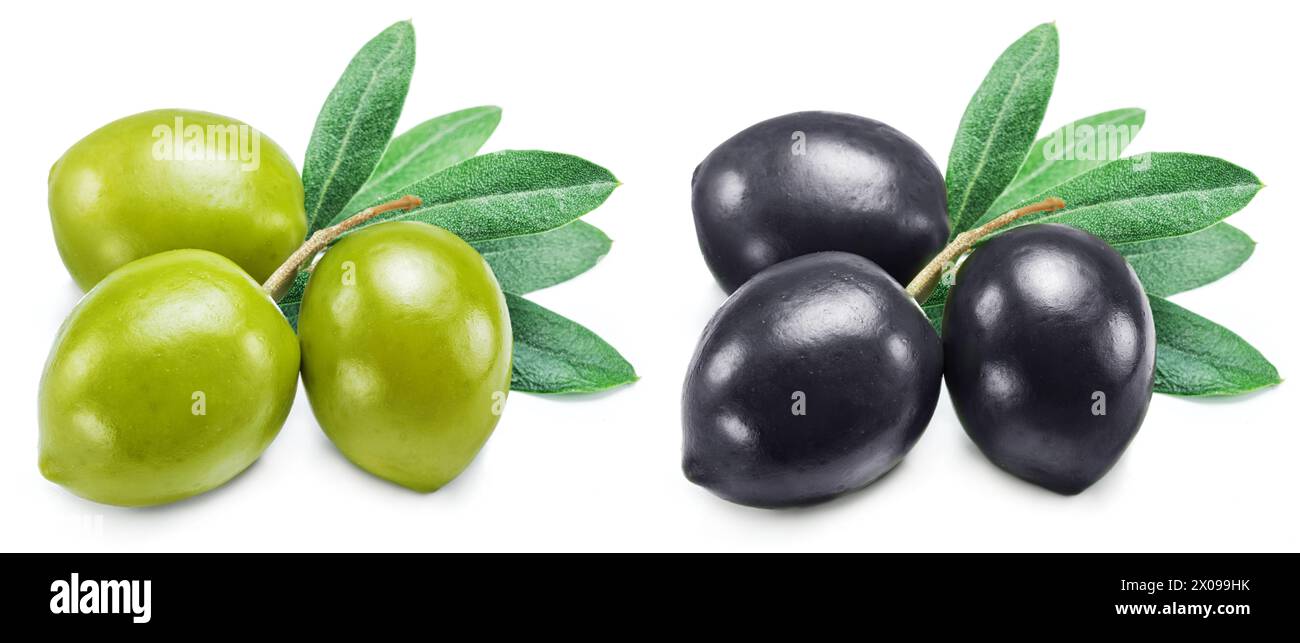 Two groups of different table olives with olive leaves isolated on ...