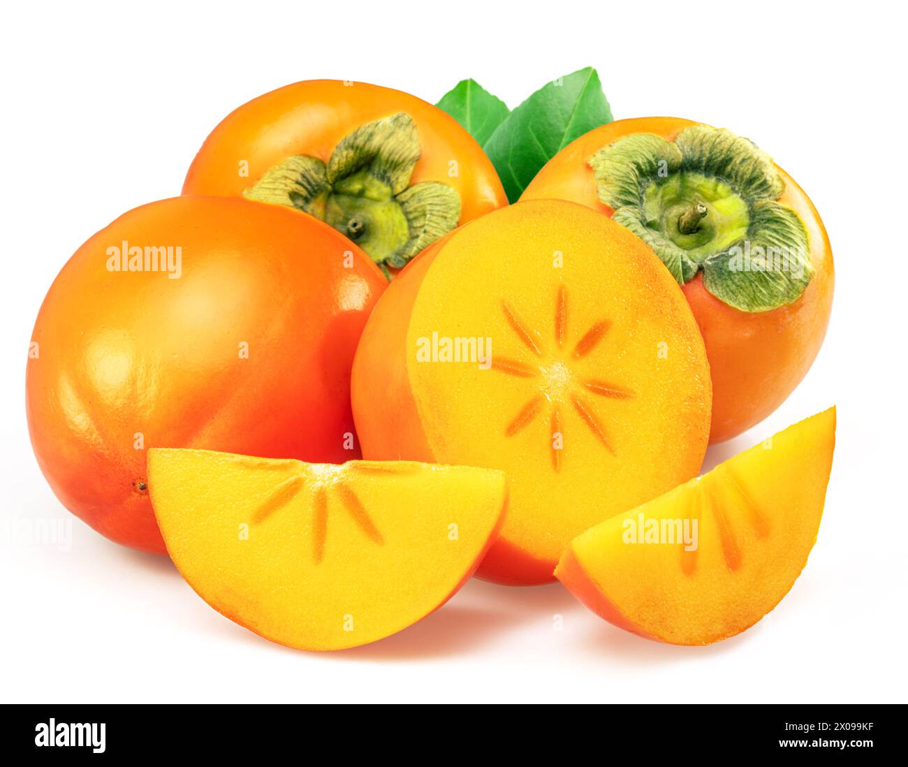 Ripe persimmon fruits or kaki fruits with leaves isolated on white ...
