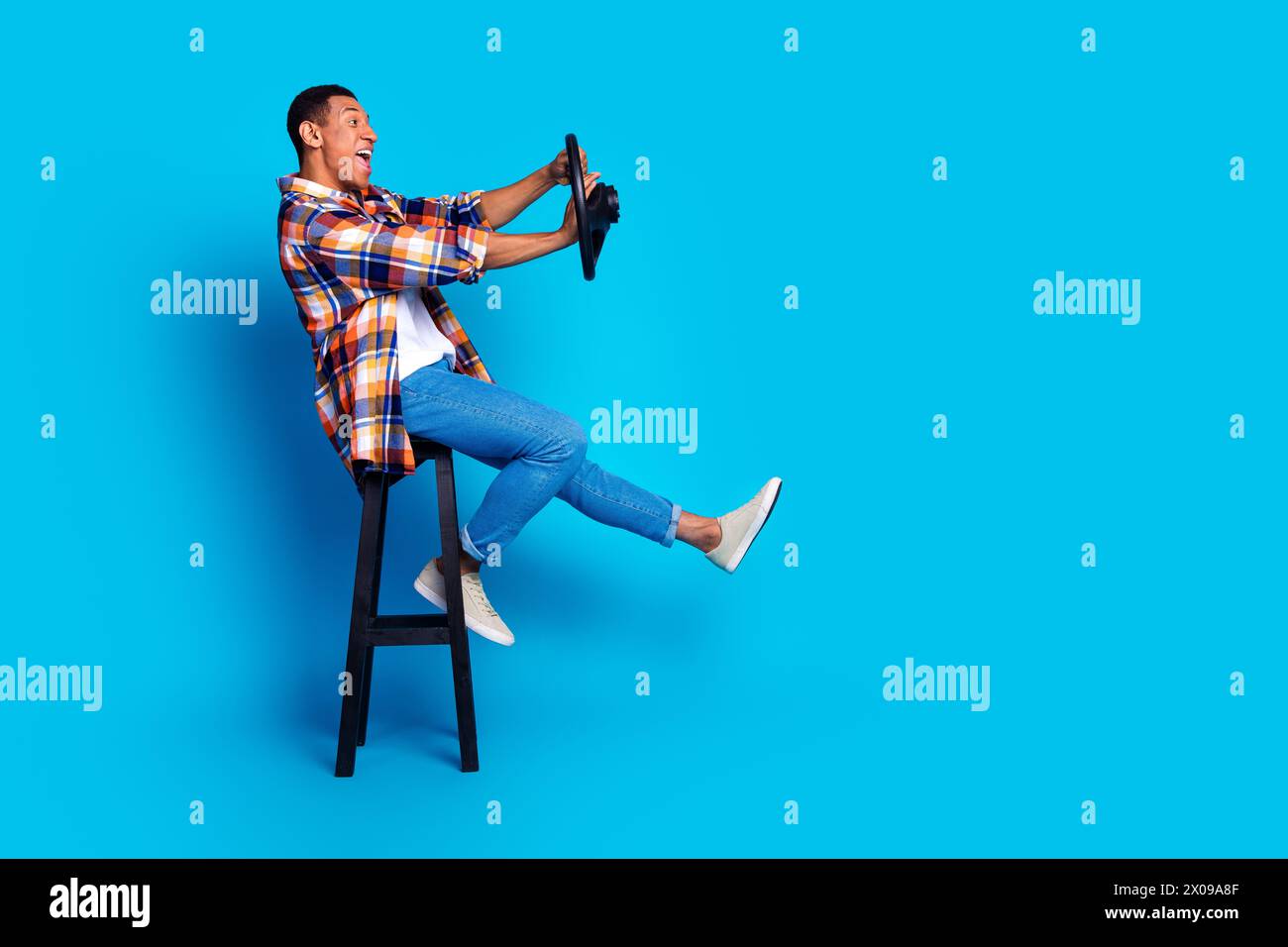 Full length profile photo of nice young man beep wheel empty space wear ...