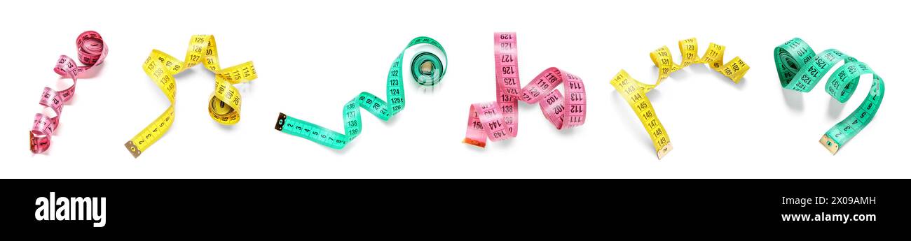 Collage of color measuring tapes on white background Stock Photo - Alamy