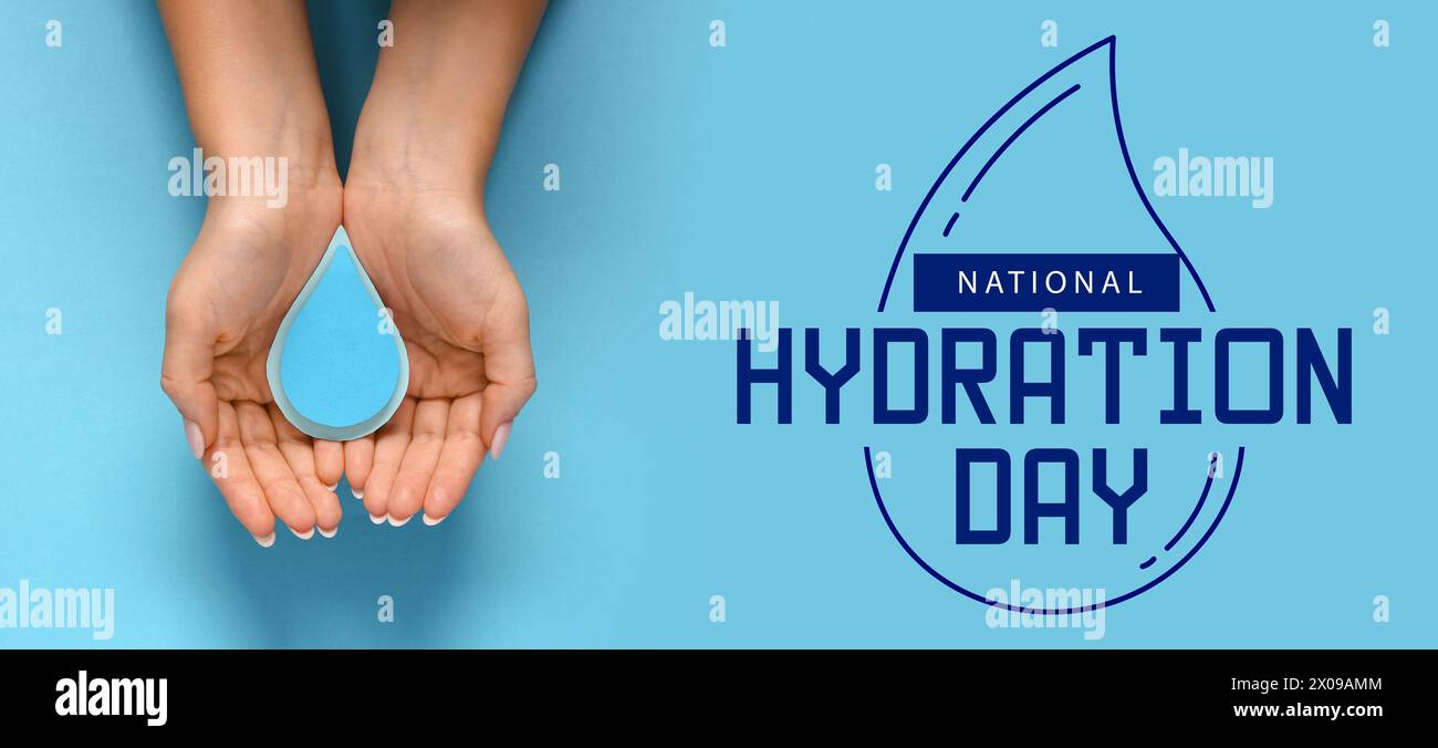 Female hands with paper drop on light blue background. Banner for ...