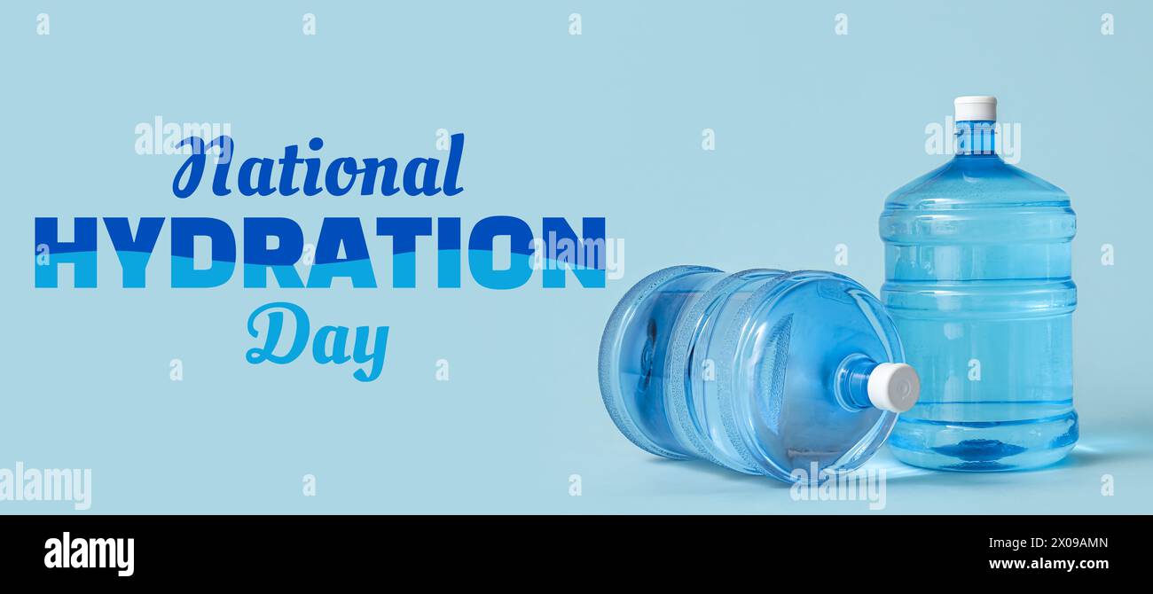 Bottles of clean water on light blue background. Banner for National ...