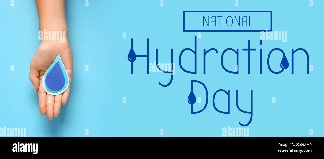 Female hand with paper drop on light blue background. Banner for ...