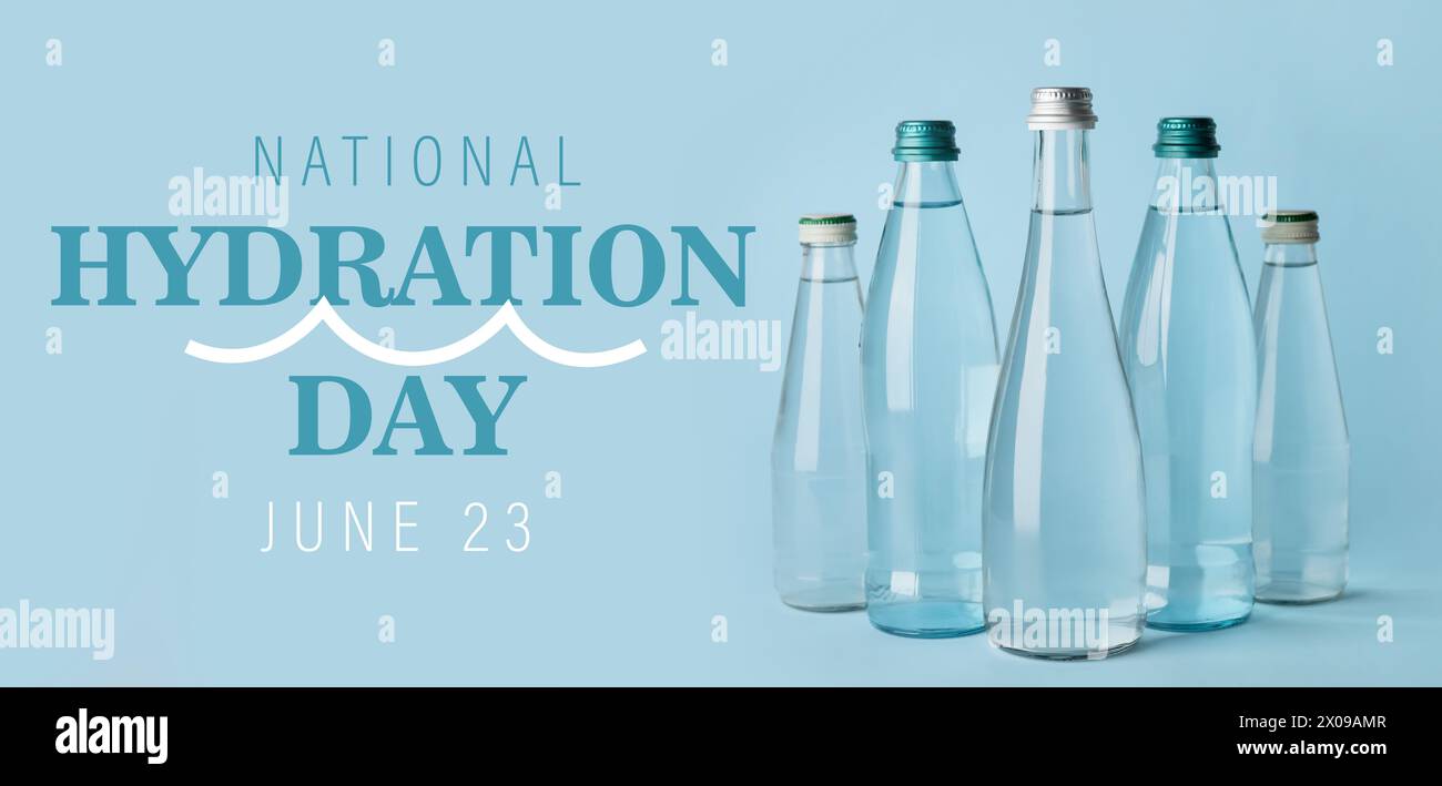 Bottles of clean water on light blue background. Banner for National ...