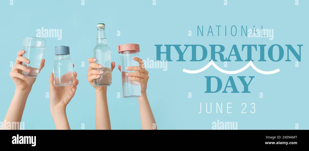 Hands with bottles and glass of cold water on light blue background ...