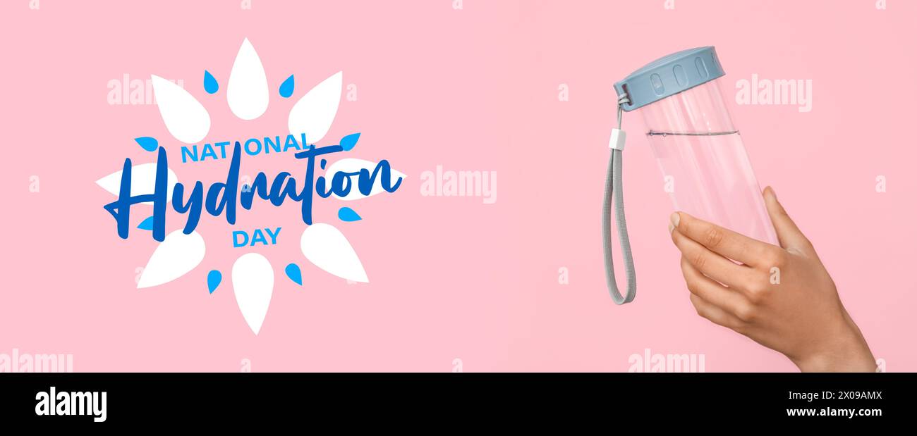 Female hand with bottle of water on pink background. Banner for ...