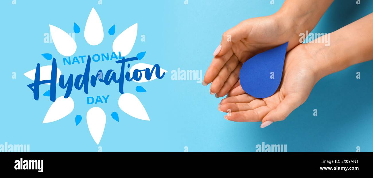 Female hands with paper drop on light blue background. Banner for ...
