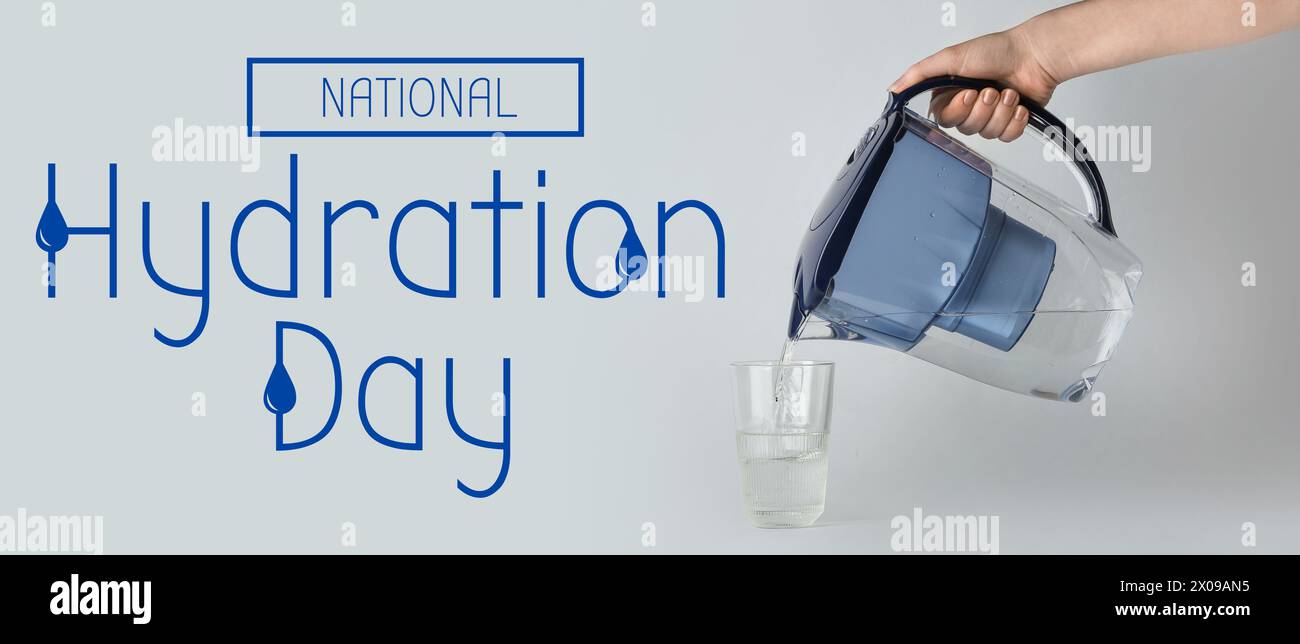 Woman pouring water into glass from filter jug on grey background ...
