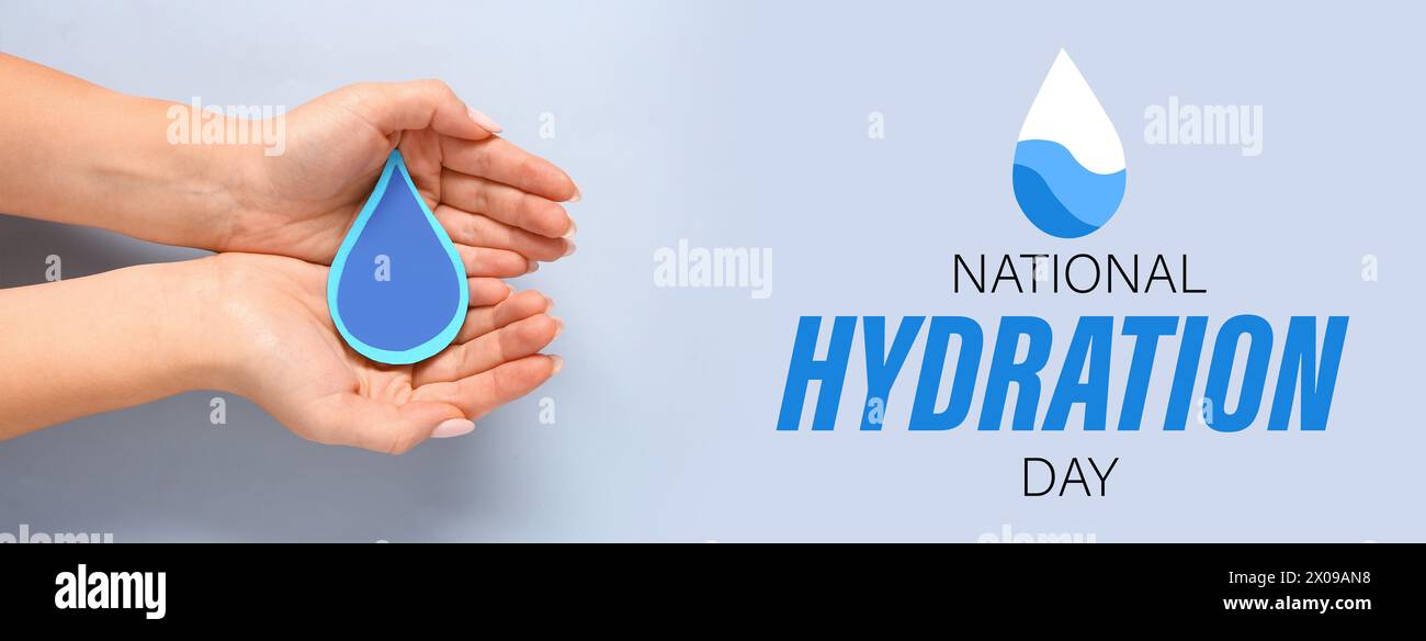 Female hands with paper drop on light blue background. Banner for ...